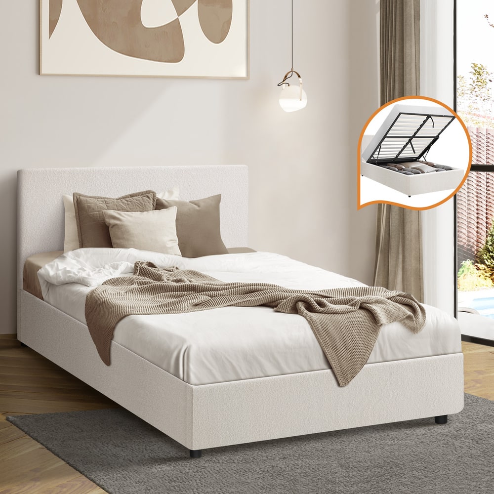 LUFT Boucle Bed Frame Gas Lift w/ Storage White - King Single