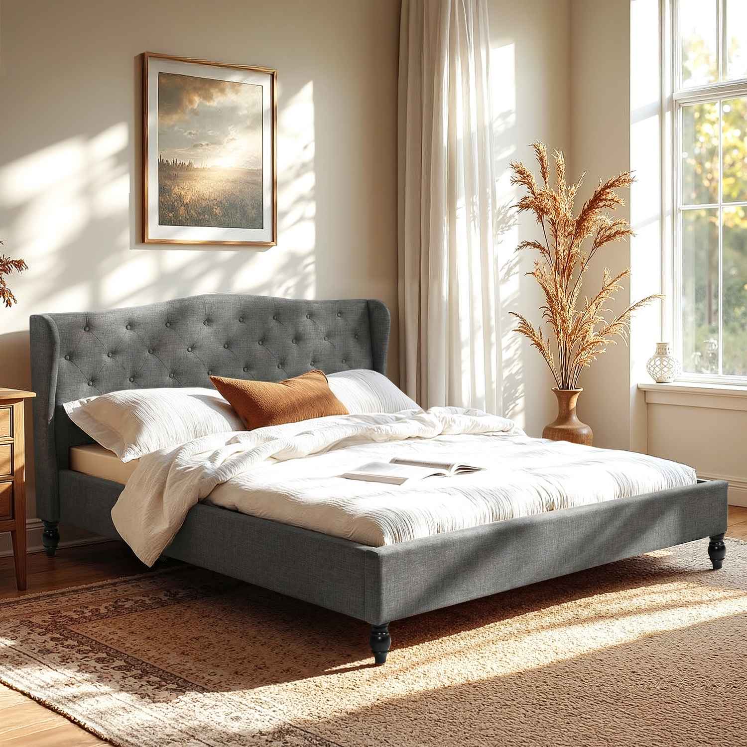 PIER Bed Frame with Wingback Headboard Grey - King