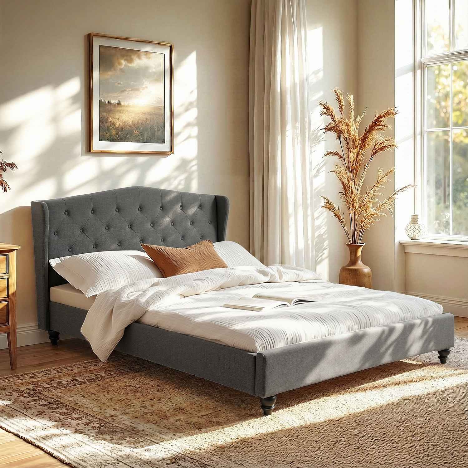 PIER Bed Frame with Wingback Headboard Grey - Queen